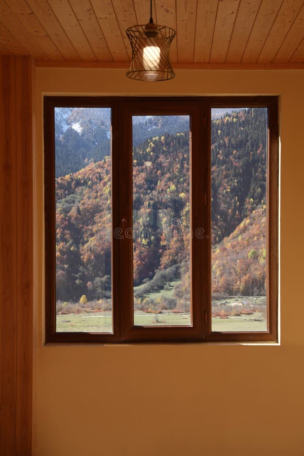 Beautiful View of Mountains from Clean Window Indoors Stock Image ...