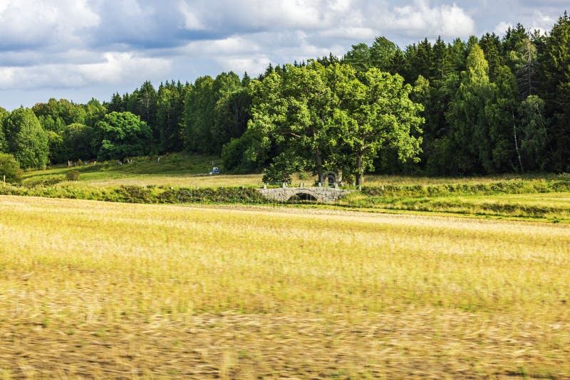 Beautiful View from Moving Car of Fields and Stone Pedestrian Bridge ...
