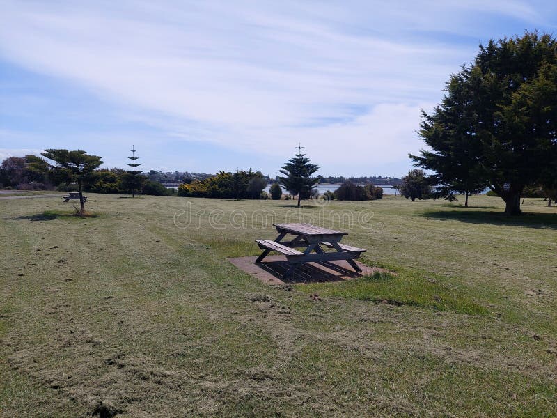 Beautiful View of a Picnic Table in the Grass Fields with Trees in the ...