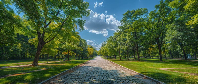 Beautiful View of Public Park with Trees and Walk Paths from a Low ...