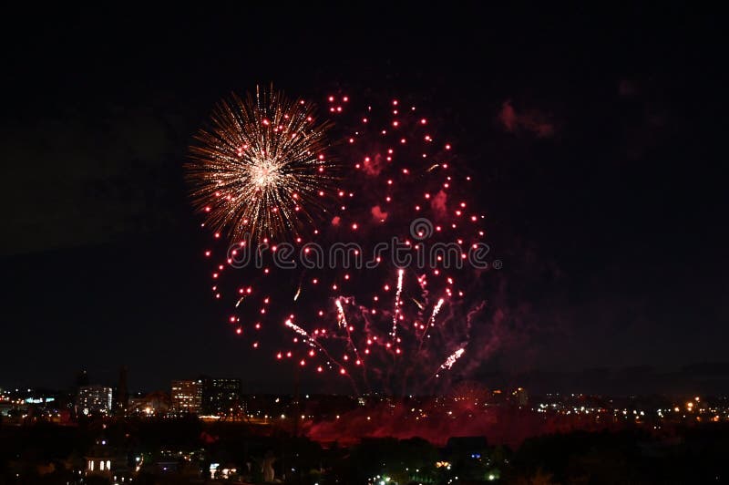 Beautiful View of Red Fireworks in the Night Sky Stock Photo - Image of ...