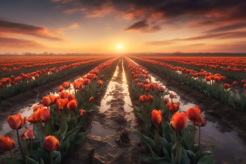 Beautiful View of the Red Tulip Field at Sunset. Generative AI Stock ...