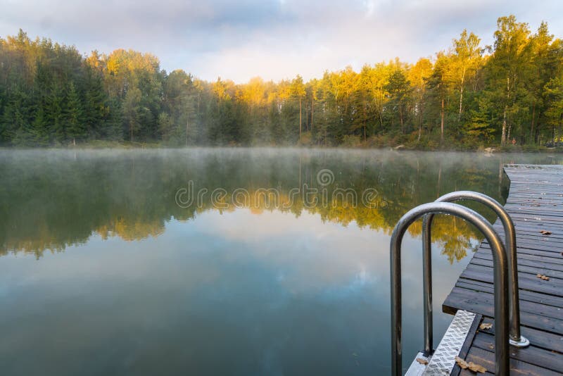 Beautiful View of a Reflective Bathing Pond in a Forest during Sunset ...
