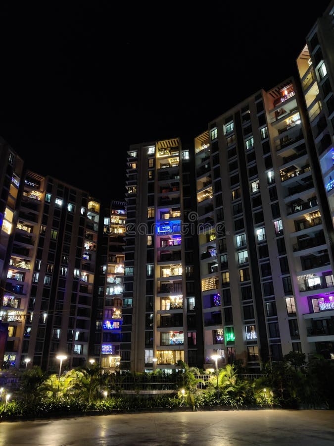 A Beautiful View of Residential Apartments at Night Stock Image - Image ...