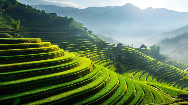 A Beautiful View of Rice Terraces Cascading Down a Hillside Stock Photo ...