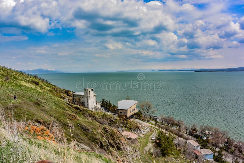 Beautiful View of Sevan Lake with Turquoise Water and Green Hills, Sevan, Armenia. May 6, 2019 ...