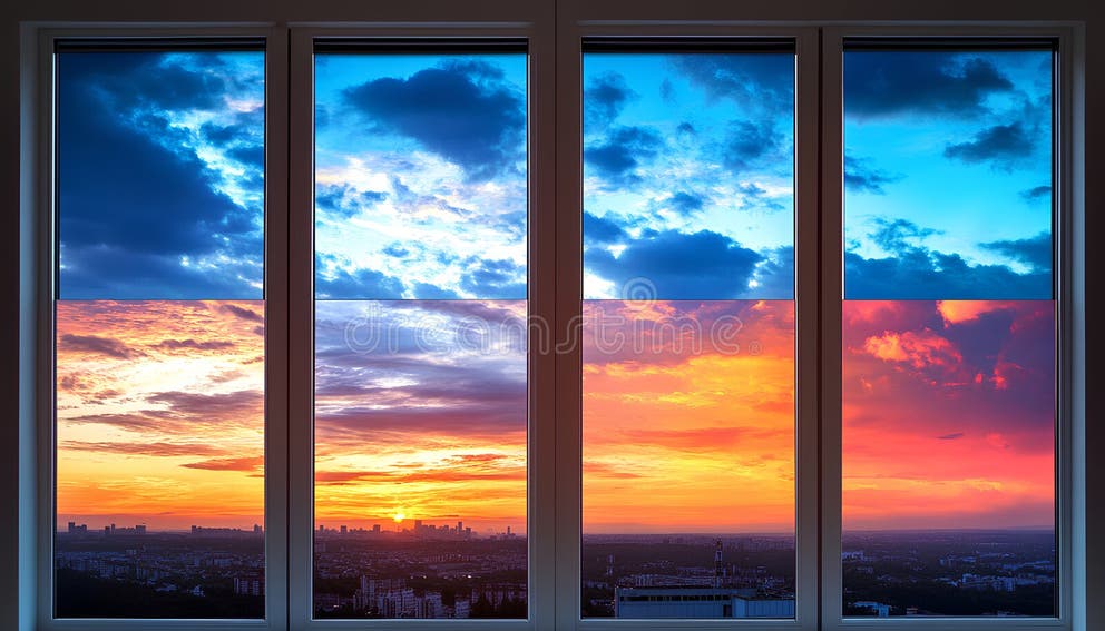 Beautiful View of Sky through Windows in Day and Night, Collage Stock ...