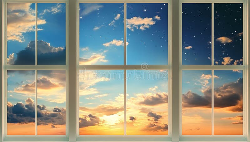 Beautiful View of Sky through Windows in Day and Night, Collage Stock ...