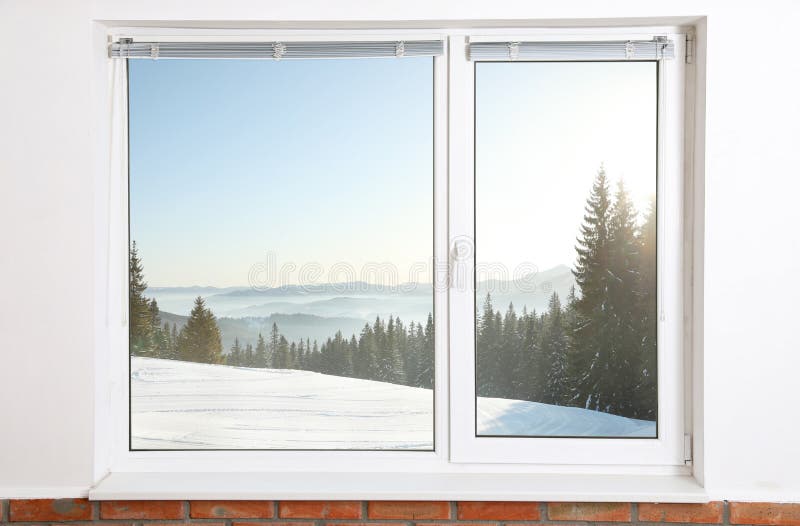 View of Snowy Forest through Big Window Stock Image - Image of ...