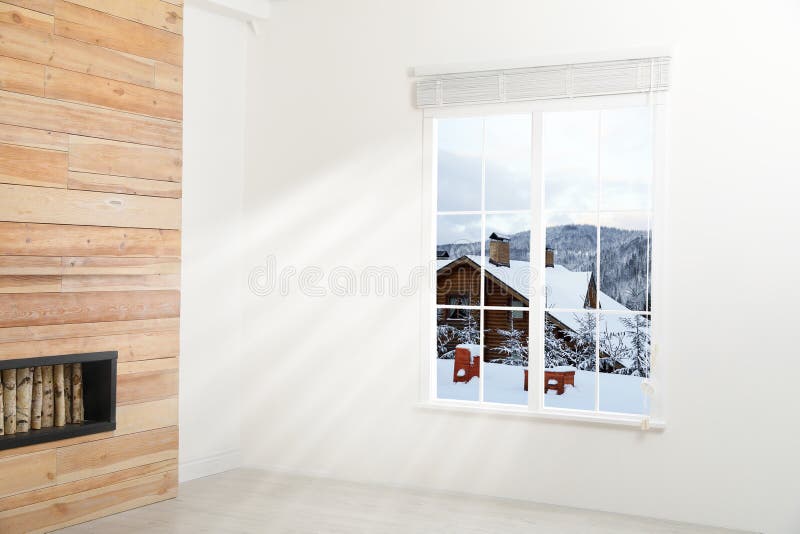 View of Snowy Forest and Cottage through Big Window Stock Photo - Image ...