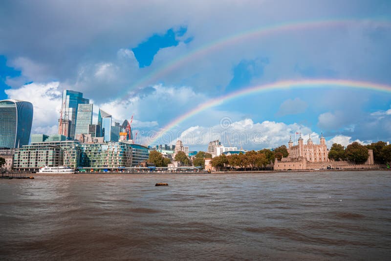 Beautiful View of the Tower Bridge in London with a Full Rainbow Over ...