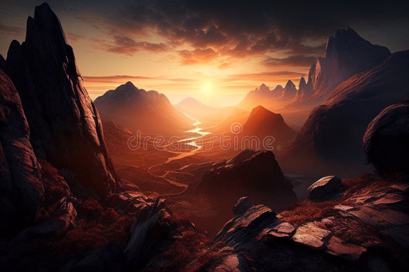 Beautiful View of Treeless Mountain and Sunset with Generative AI Stock ...