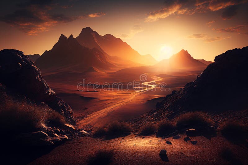 Beautiful View of Treeless Mountain and Sunset with Generative AI Stock ...