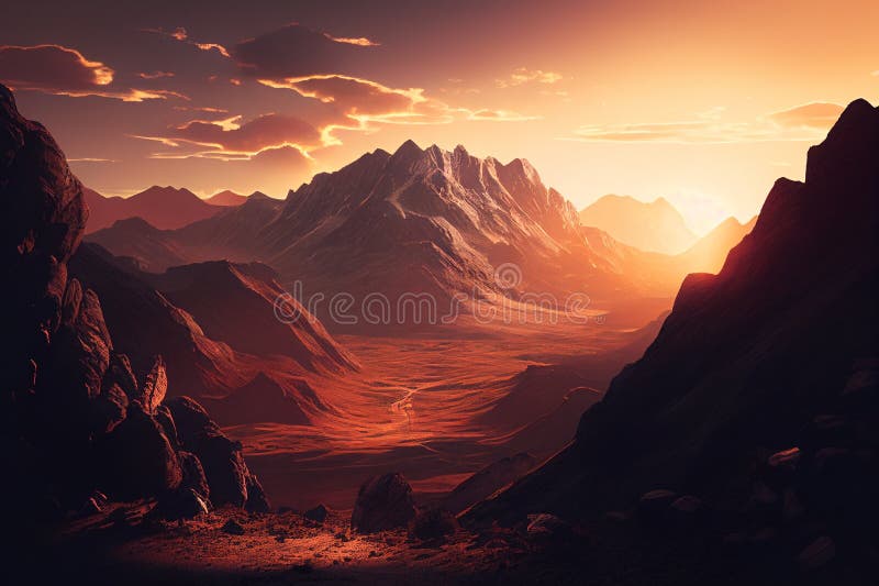 Beautiful View of Treeless Mountain and Sunset with Generative AI Stock ...