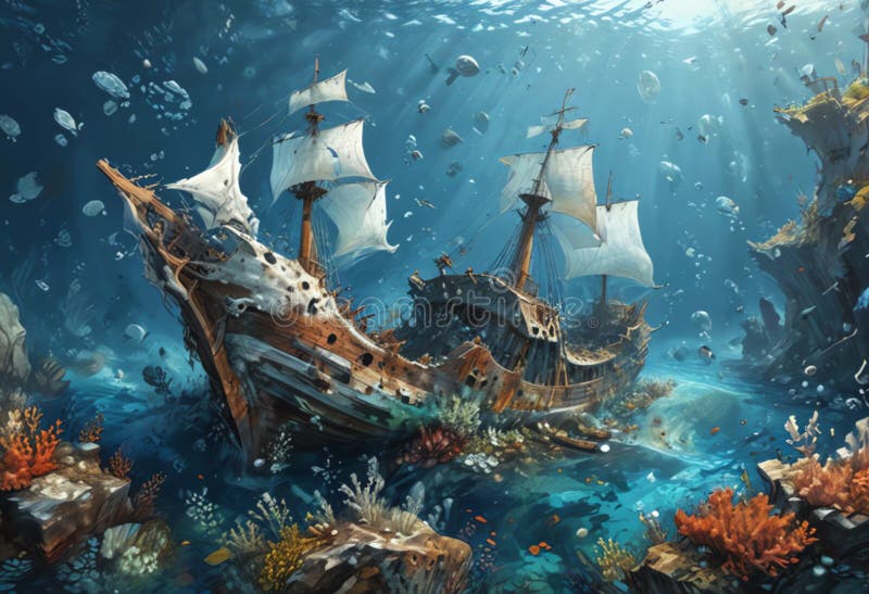 Beautiful View Underwater Coral Reef and Sunken Ship Stock Illustration ...