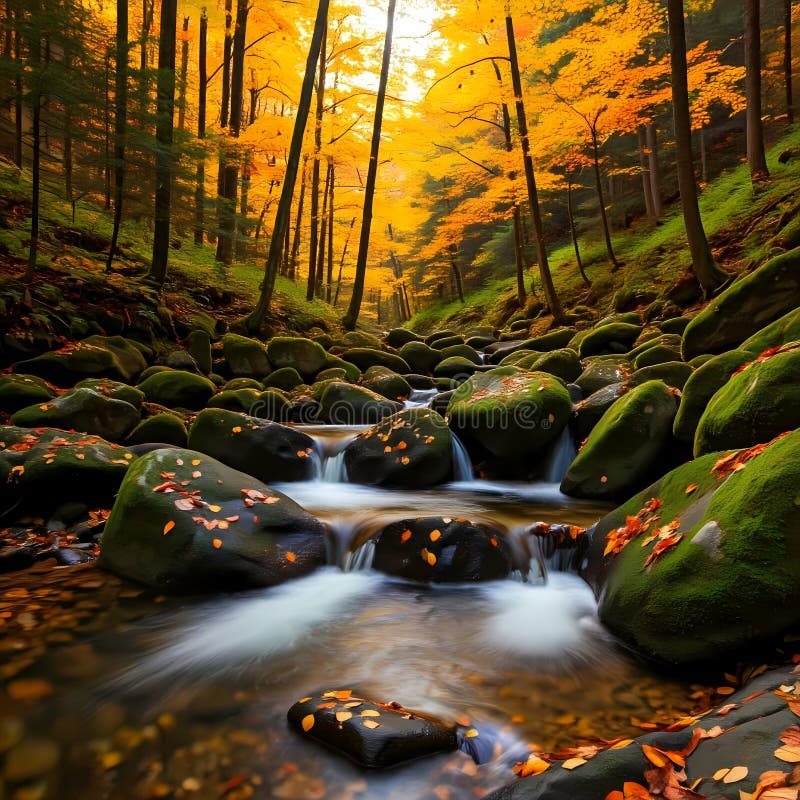 A Beautiful View of a Vibrant Fall Forest, with a Stream Flowing ...