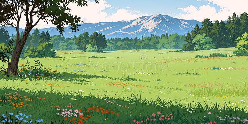 Beautiful Views of Meadows and Pretty Flowers. Anime Style Stock Image ...