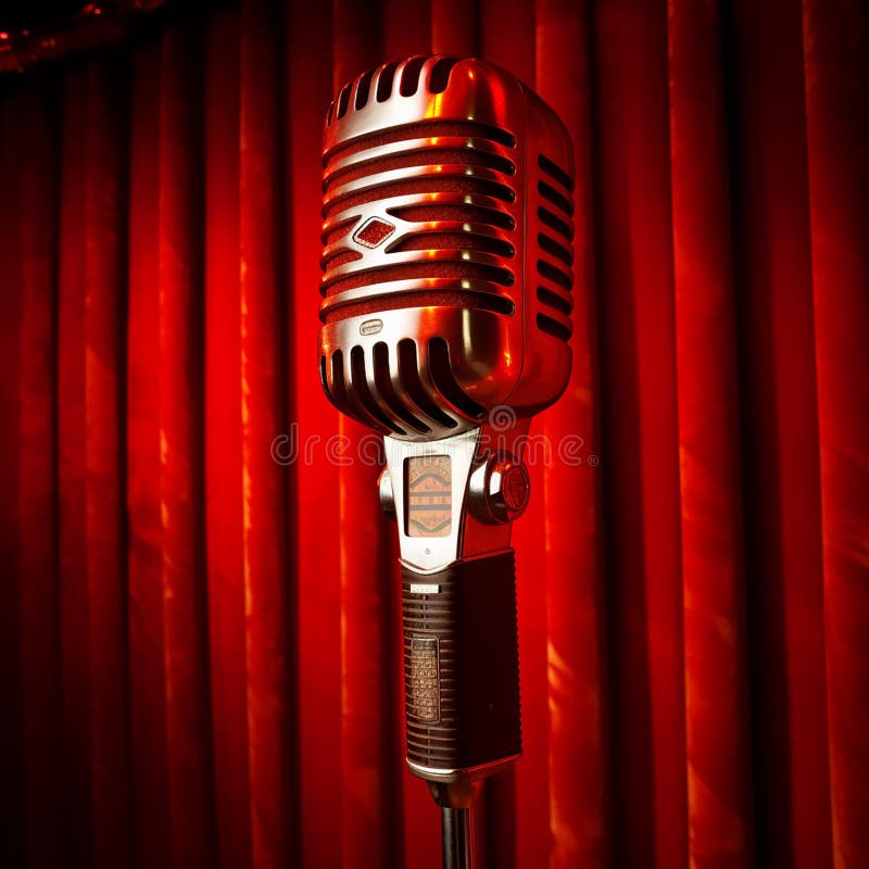 Vintage Silver Microphone in Front of Red Curtain Stock Photo - Image ...