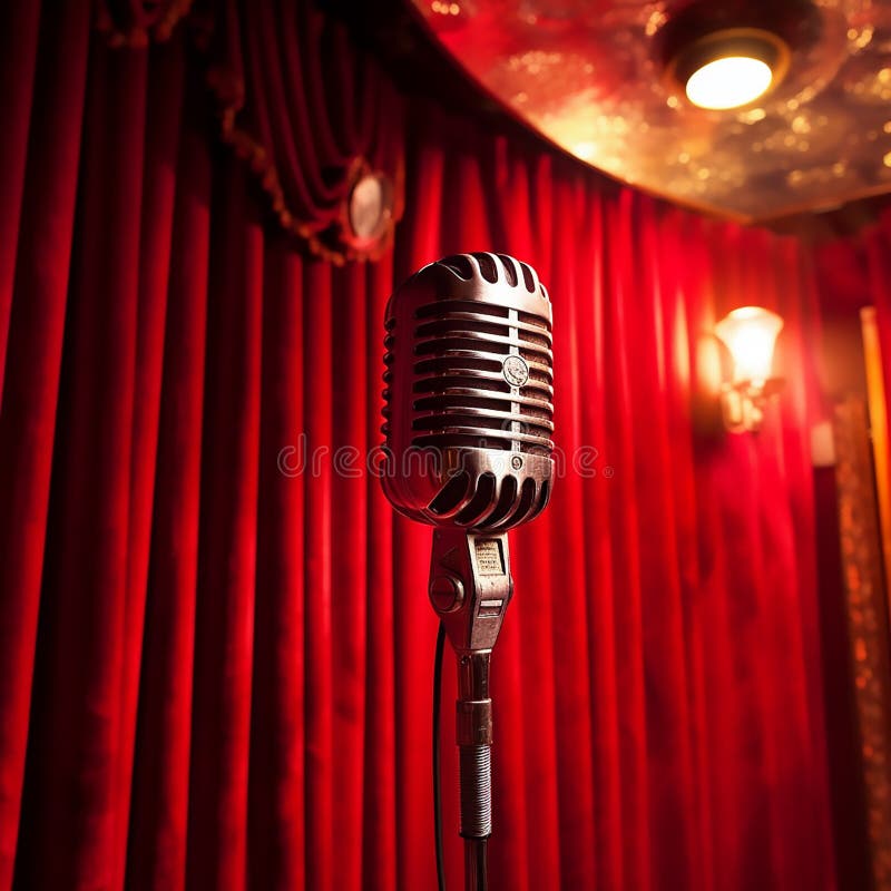 Vintage Silver Microphone in Front of Red Curtain Stock Photo - Image ...