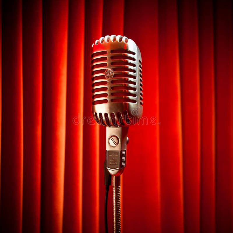 Vintage Silver Microphone in Front of Red Curtain Stock Illustration ...