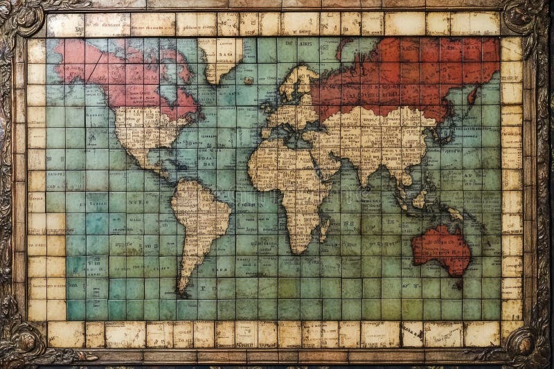 Antique World Map in Tile Mosaic Frame, Vintage Travel Design Stock ...