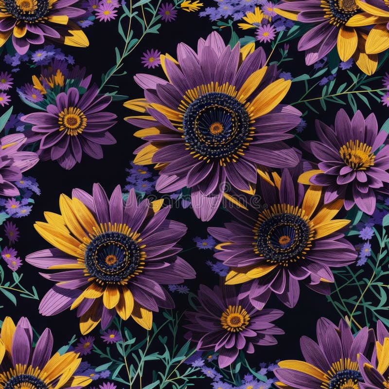 Beautiful Violet and Yellow Color Fanstastic Flowers Seamless Pattern ...