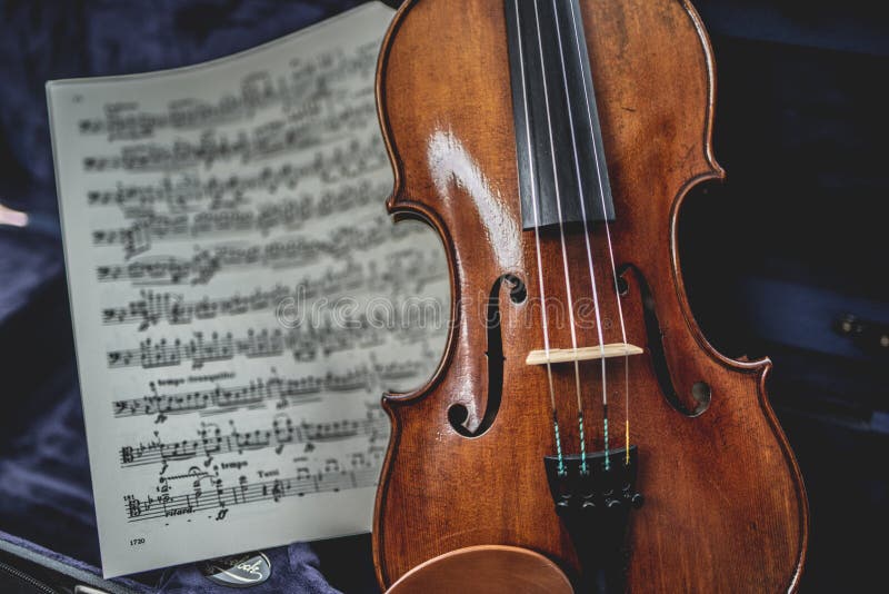 Beautiful Violin and Note Sheets on Violet Background Stock Image ...