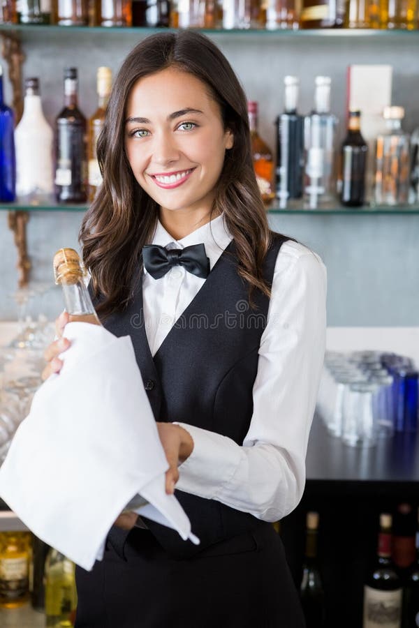 Beautiful Waitress Cleaning Wine Glass with Napkin Stock Image - Image ...