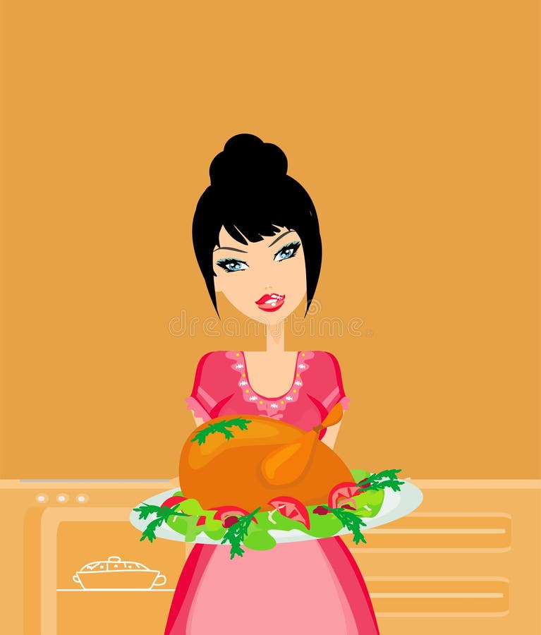 Beautiful Waitress Serving a Chicken Stock Vector - Illustration of ...