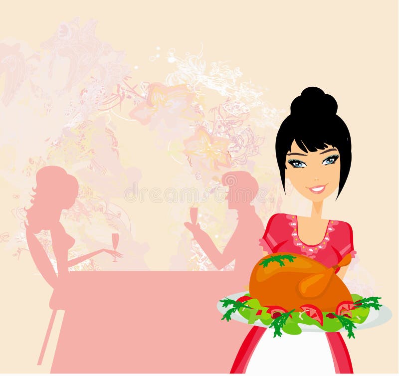 Beautiful Waitress Serving a Chicken Stock Vector - Illustration of ...