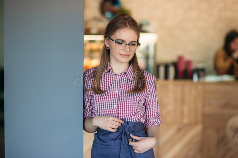 Beautiful Waitress Standing in Cafe. Waiting for Customer Stock Image ...
