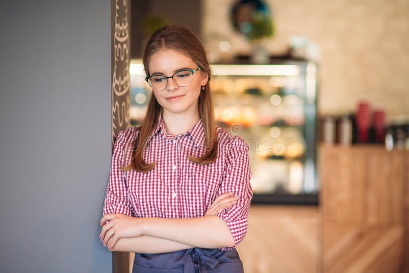 Beautiful Waitress Standing in Cafe. Waiting for Customer Stock Photo ...