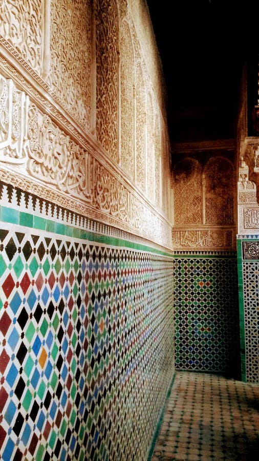 A Beautiful Wall Corner with a Carving Wall and Pattern Tile. Stock ...