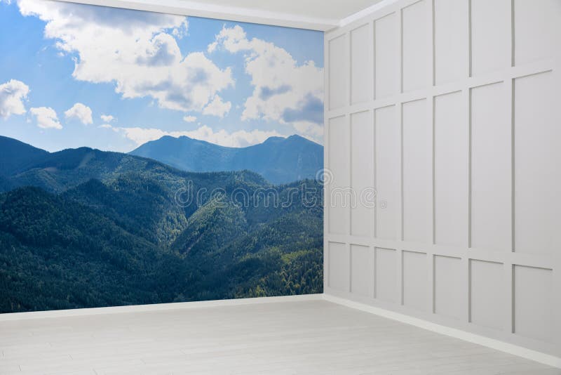 Beautiful Wallpaper with Mountain Landscape in Empty Spacious Room ...