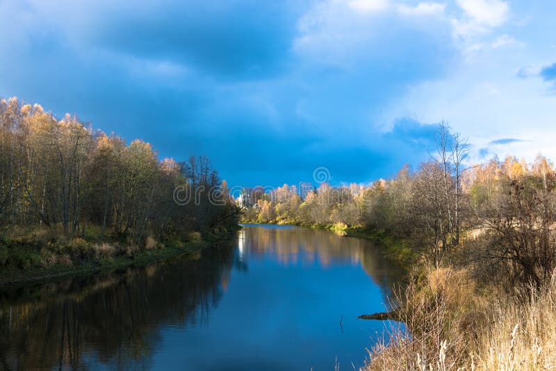 Autumn Water Landscape with Reflection in the River of Cloudy Sky and ...