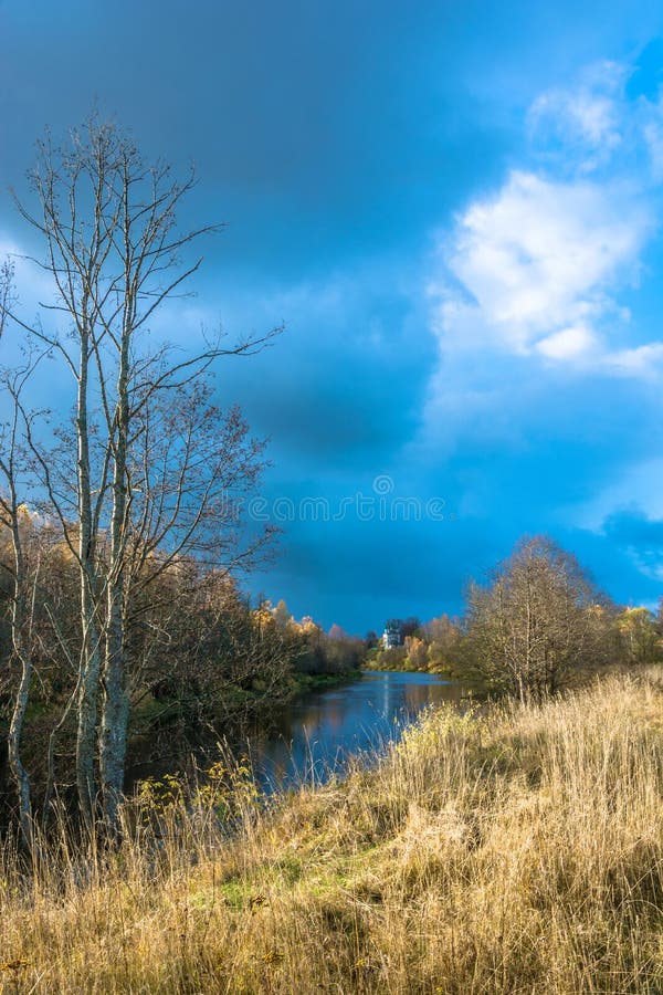 Autumn Water Landscape with Reflection in the River of Cloudy Sky and ...