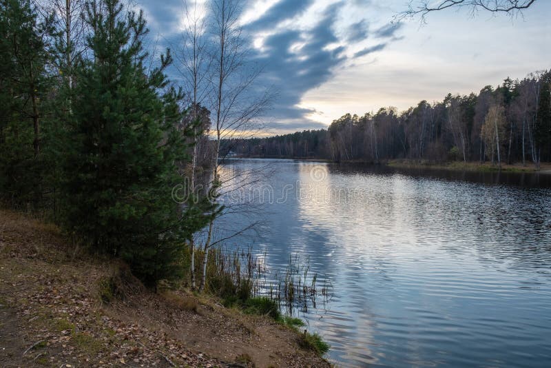 Autumn Water Landscape with Reflection in the River of Cloudy Sky and ...