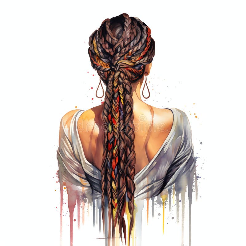 Beautiful Watercolor Box Braids Hair Style Back View Stock Illustration ...