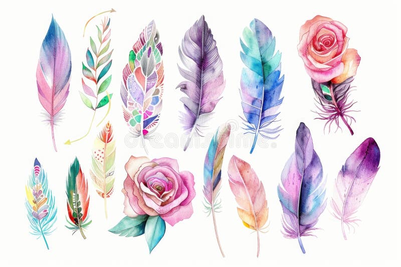 Beautiful Watercolor Feathers and Roses, Perfect for Various Design ...