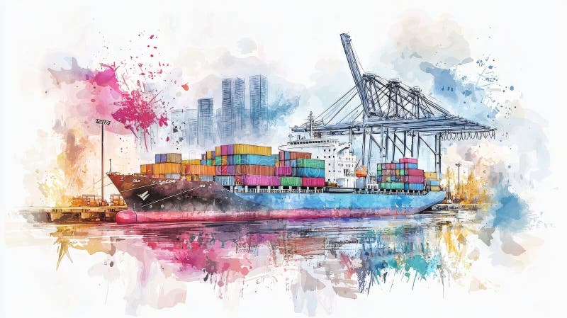 A Beautiful Watercolor Painting Showcasing a Container Ship Unloading ...