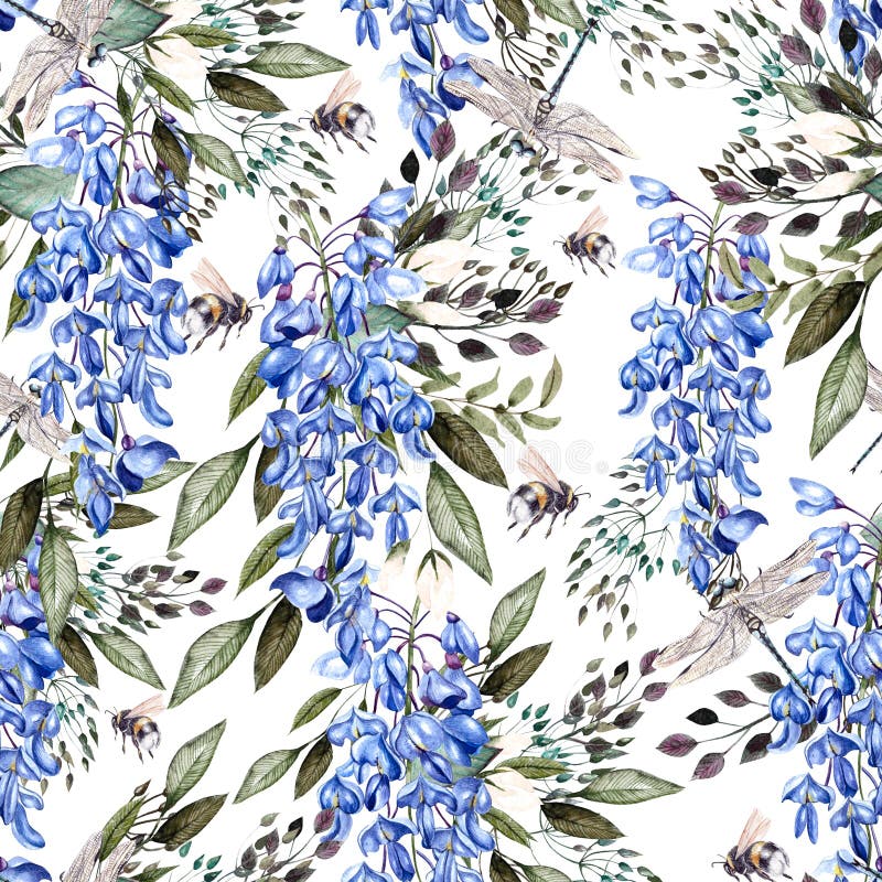 Beautiful Watercolor Pattern with Wisteria and Insect. Stock ...