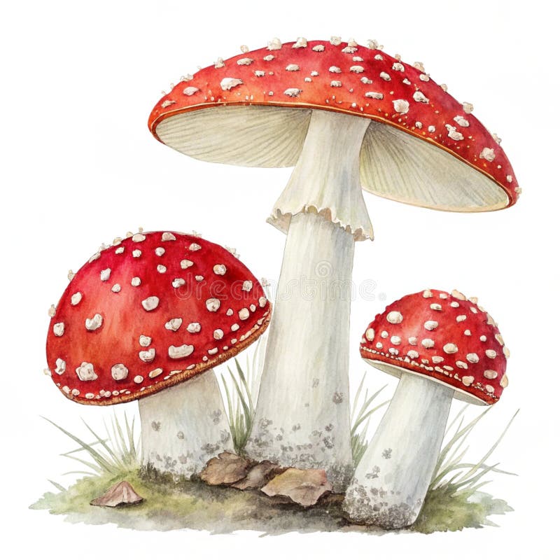 Watercolor of Red and White Toadstools Isolated on White Background ...