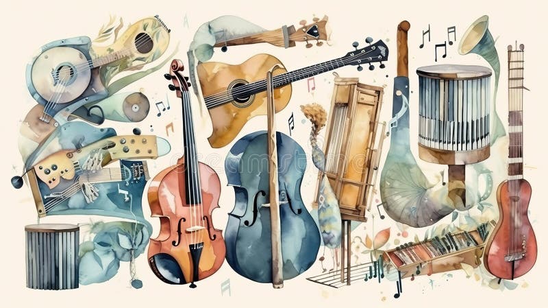 Beautiful Watercolor Style Background of Musical Instruments - Made ...