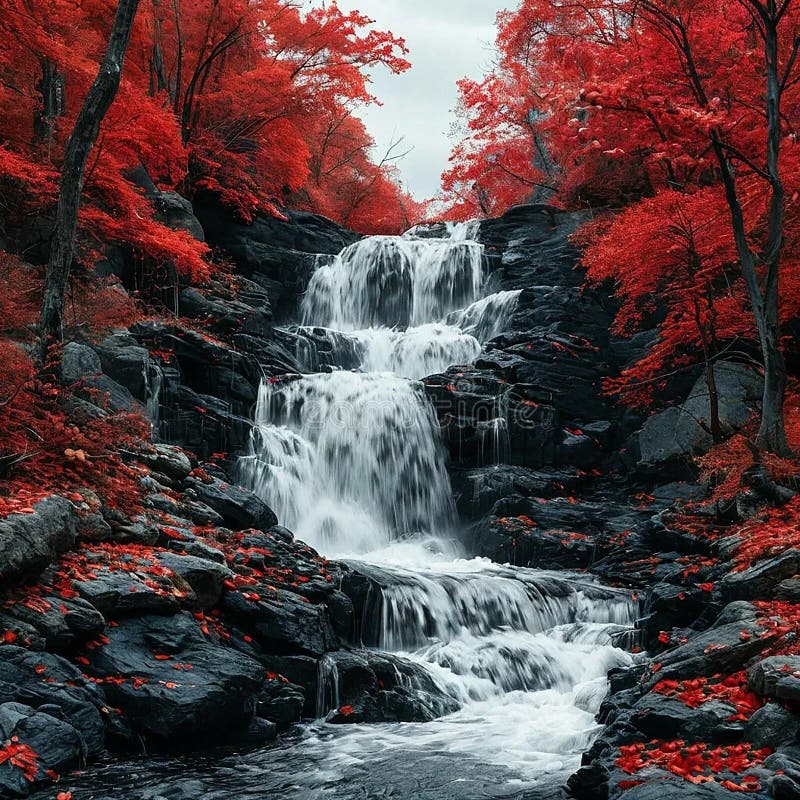 Beautiful Waterfall Against Background Trees Red Leaves Stock Photos ...