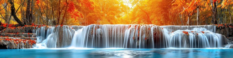 A Beautiful Waterfall with a Bright Orange Sky in the Background Stock ...