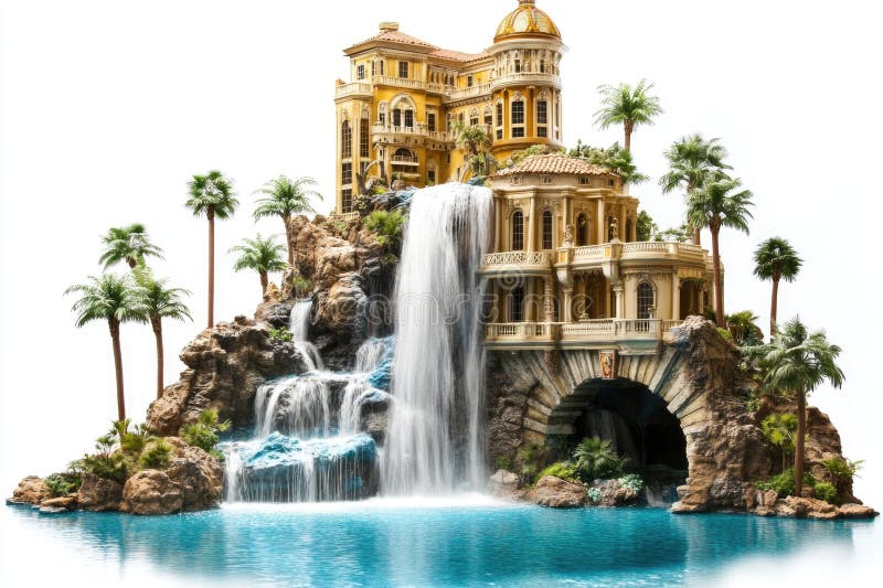 A Beautiful Waterfall Cascades Down the Rocks in Front of a Large ...