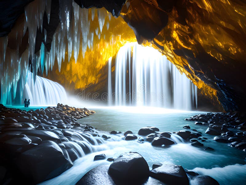 Beautiful Waterfall in the Cave with Gold Light, AI Generated Stock ...