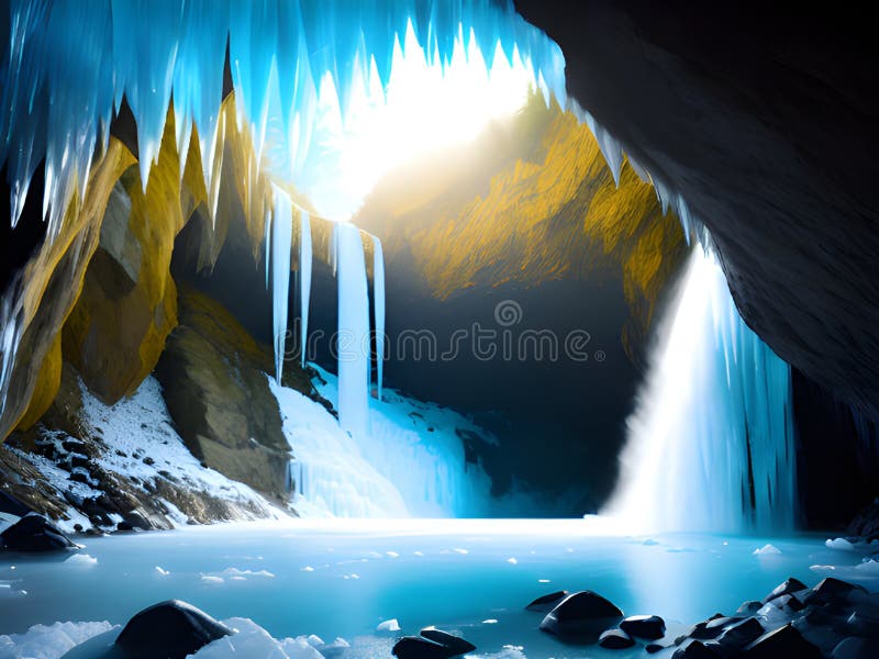Beautiful Waterfall in the Cave with Gold Light, AI Generated Stock ...