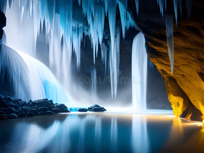 Beautiful Waterfall in the Cave with Gold Light, Ai Generated Stock ...