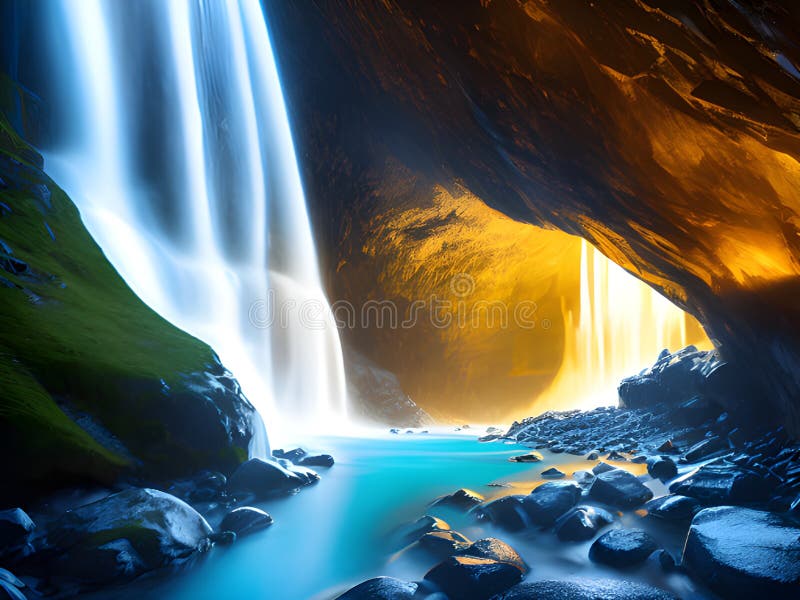 Beautiful Waterfall in the Cave with Gold Light , Ai Generated Stock ...